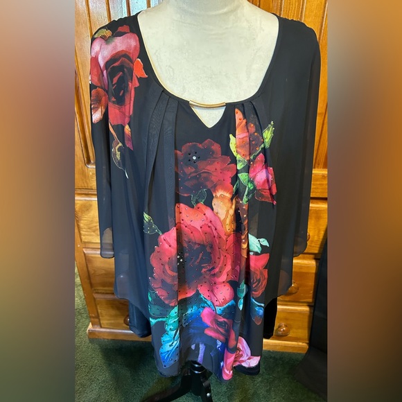 Tops | Simply Emma Black Sheer Blouse With Gold Bar In Front Of Chest ...